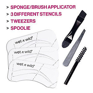 Wet n Wild Ultimate Eyebrow Universal Stencil Kit, 5 Brow Color Makeup Set, Spoolie For Brushing and Blending, Hair Removal Tweezers, Sponge Brush Applicator, 3 Stencils, Universal Appeal