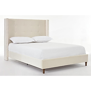 ACQCA Queen Velvet Bed Frame,Upholstered Platform Bed with Button Tufted Headboard and Nailhead Trim Wingback, Wood Slats Support, No Box Spring Needed, Easy Assembly,Ivory