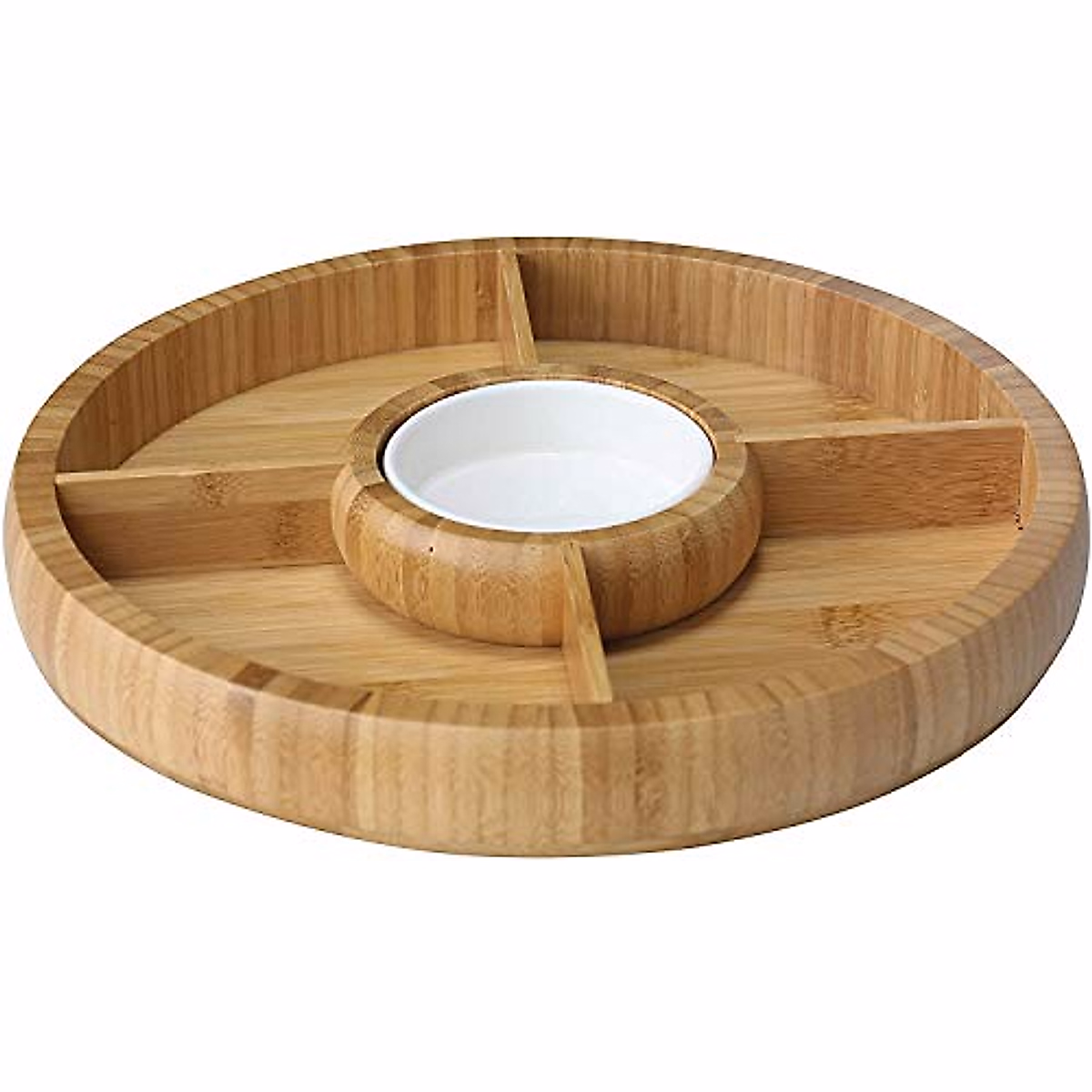 Bamboo Charcuterie Board/Cheese Board Chip and Dip Divided Bowl/Serving Platter with Ceramic Center Bowl/Dip Cup