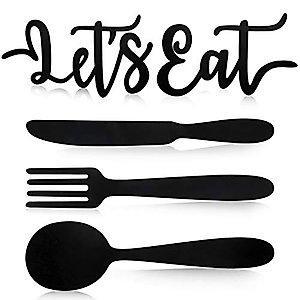 Yerliker 5 Pieces Let's Eat Sign, Wooden Fork Spoon Knife Sign Wall Decor, Rustic Cutout Eat Kitchen Decor for Home Dining Living Room Bar Cafe Restaurant (Black)