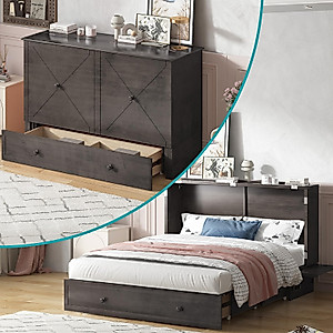 BALUS Murphy Bed, USB Charging Station, Furniture Murphy Cube Cabinet Bed, Queen Size Memory Foam Mattress in a Foldable Cabinet, Storage Drawer-Grey