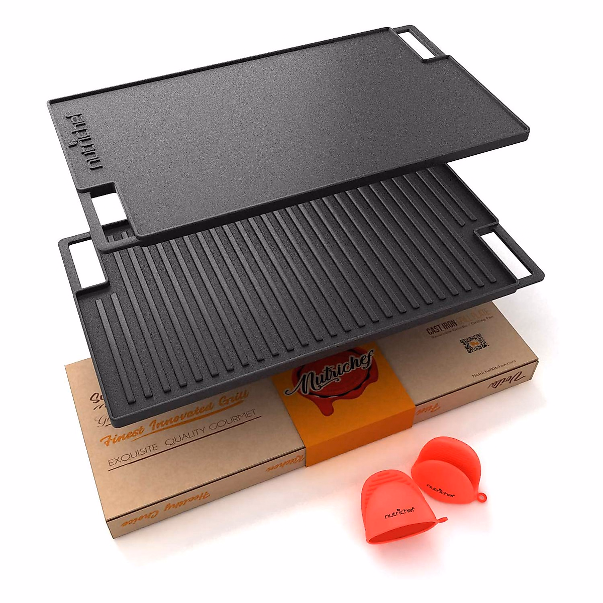 NutriChef 18 Inch Cast Iron Griddle Skillet Reversible Grilling Plate Pan For Stove Top with Heat Resistant Oven Grab Mitt, Black (2 Pack)