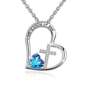 Bengnkes BG 925 Sterling Silver I Am a Child of God Cross Pendant Necklaces for Women, March Birthstone Blue Heart Necklace Communion Goddaughter Christian Baptism Gifts