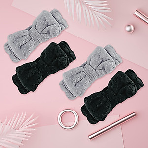 Spa Headband - 2 Pack Bow Hairband for Face Wash SPA Headband with Bow Knotted Hairband for SPA Yoga Sports Soft Coral Women Girl Fleece Headbands (Black+Grey)