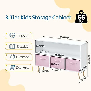 AOPNOMU Kids Bookcase and Bookshelf, Multi Shelf Cubby with 3 Collapsible Fabric Drawers, Children's Book and Toy Display Rack, Toy Storage Organizer for Bedroom, Playroom, Hallway, White + Pink