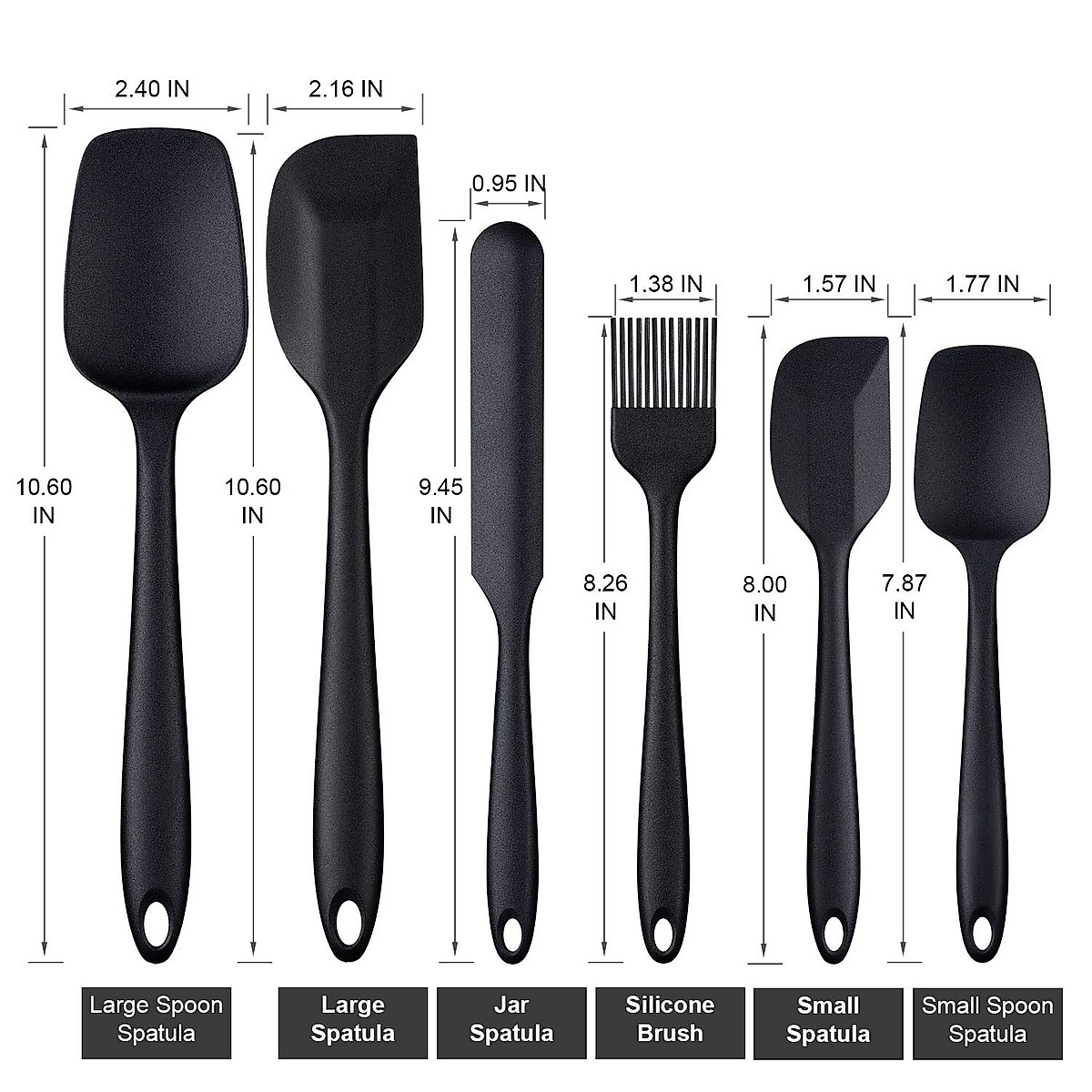 Silicone Spatula Set, G.a HOMEFAVOR Heat-Resistant Spatula - One Piece Seamless Design, Non-Stick Silicone with Reinforced Stainless Steel Core (6 Piece Set, Black)