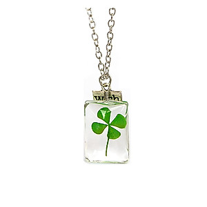 Dried Leaves Lucky 4-Leaf Clover Sunflower Pendant Necklace St. Patrick's Day Square round Glass Love and Luck Plant Jewelry for Women Gift-Clover