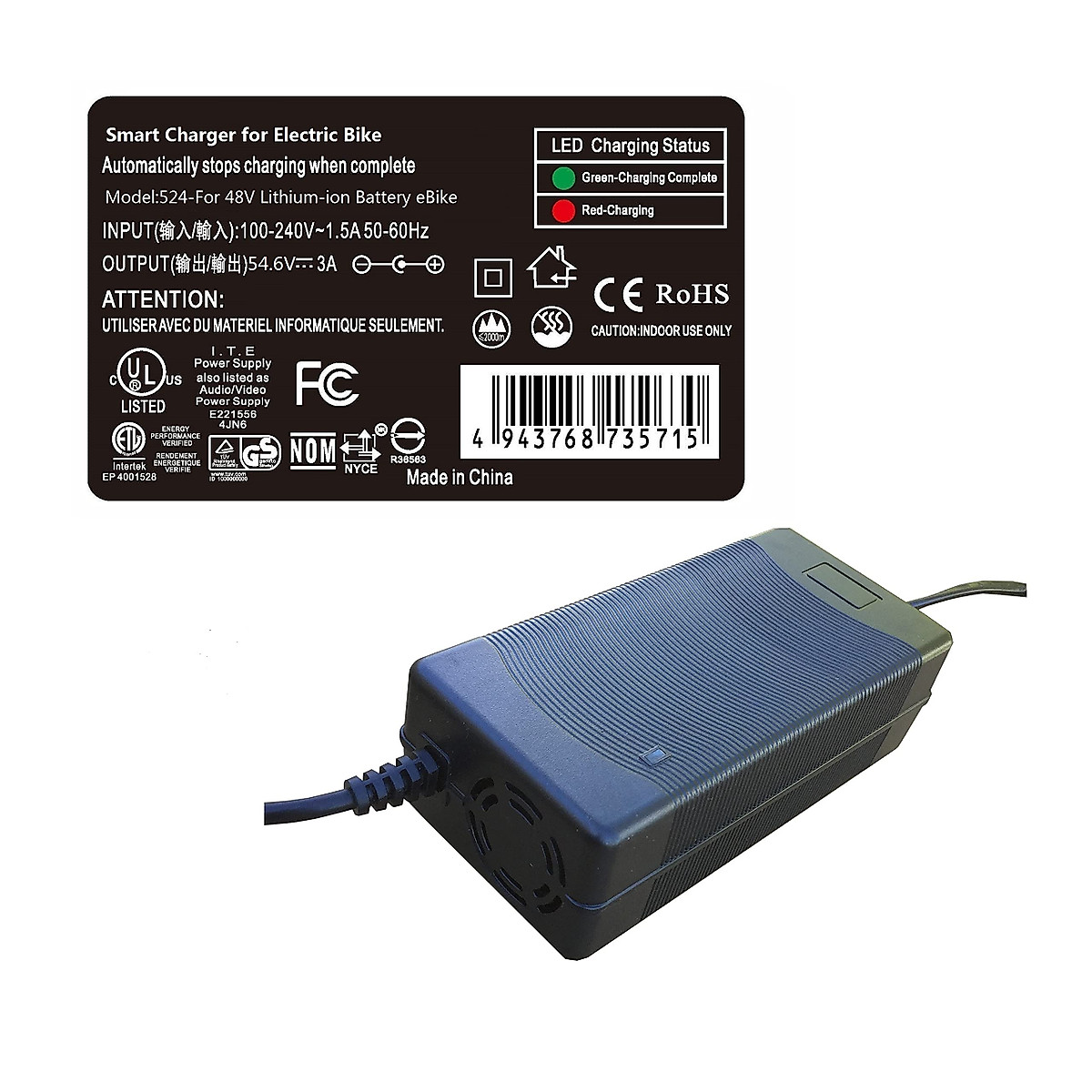 3 Amps Smart Charger Compatible with eAhora X7 E-PAS Electric Bike