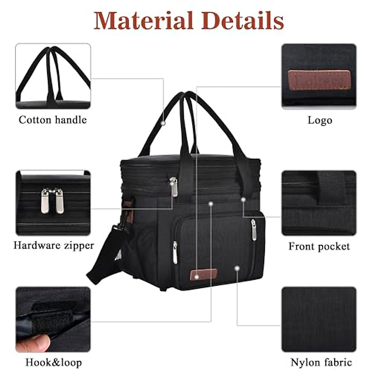 LOKASS Lunch Box for Men, 16L Double Deck Expandable Insulated Lunch box For Adults/Women Thermal Large Waterproof Leakproof Lunch Bag for Work with Shoulder Strap, Black
