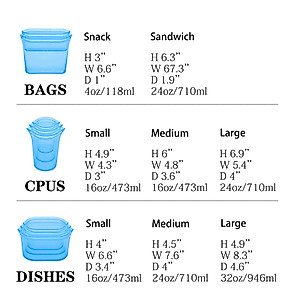 Ami.Todfo Reusable Food Storage Bag 100% Silicone Meal Prep Container Microwave Freezer and Dishwasher Safe Leak-free Bundle 8-Pack Bowls 8 Bag Set Sandwich Snack (Blue)