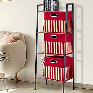HSDT Fabric Storage Cube Bins 13x13x13 Inch Foldable Boxes Red Cloth Basket with Golden Strip Pattern for Shelves or Closet Organzier,QY-SC33-3