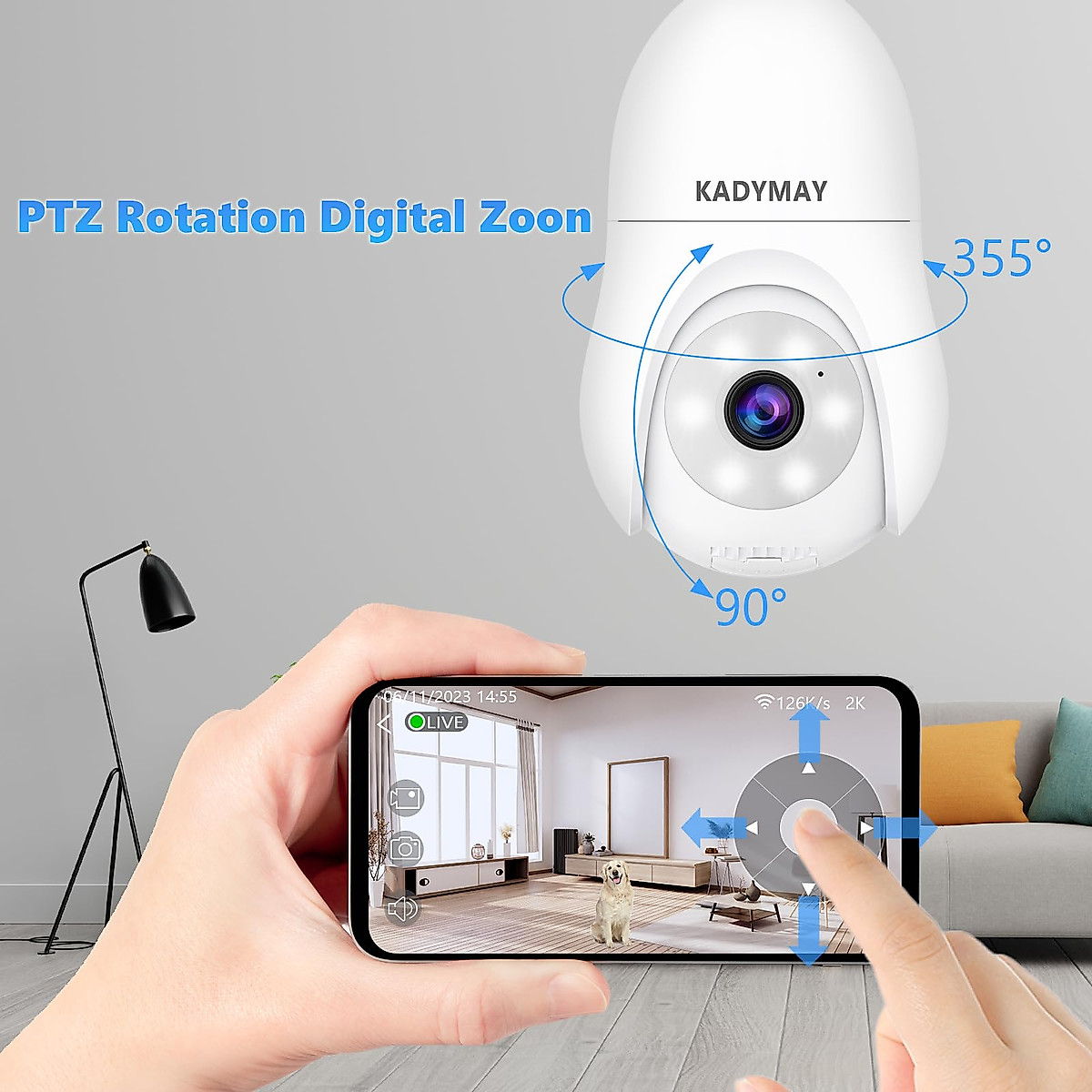 Kadymay 2K Light Bulb Security Camera, 2.4G WiFi 360° Screw in E27 Light Socket Camera Lightbulb Outdoor/Indoor, Smart 2-Way Audio Light Bulb Camera with Motion Detection and Auto Tracking