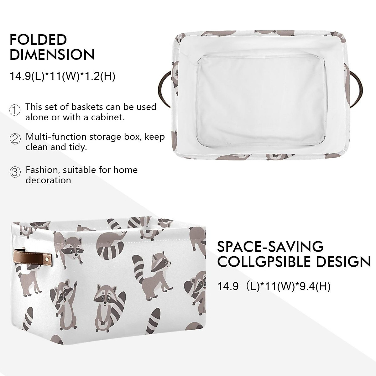 Qilmy Raccoon Storage Basket with Handles for Organizing, Collapsible Canvas Shelves Storage Bins for Home Closet Bedroom Living Room