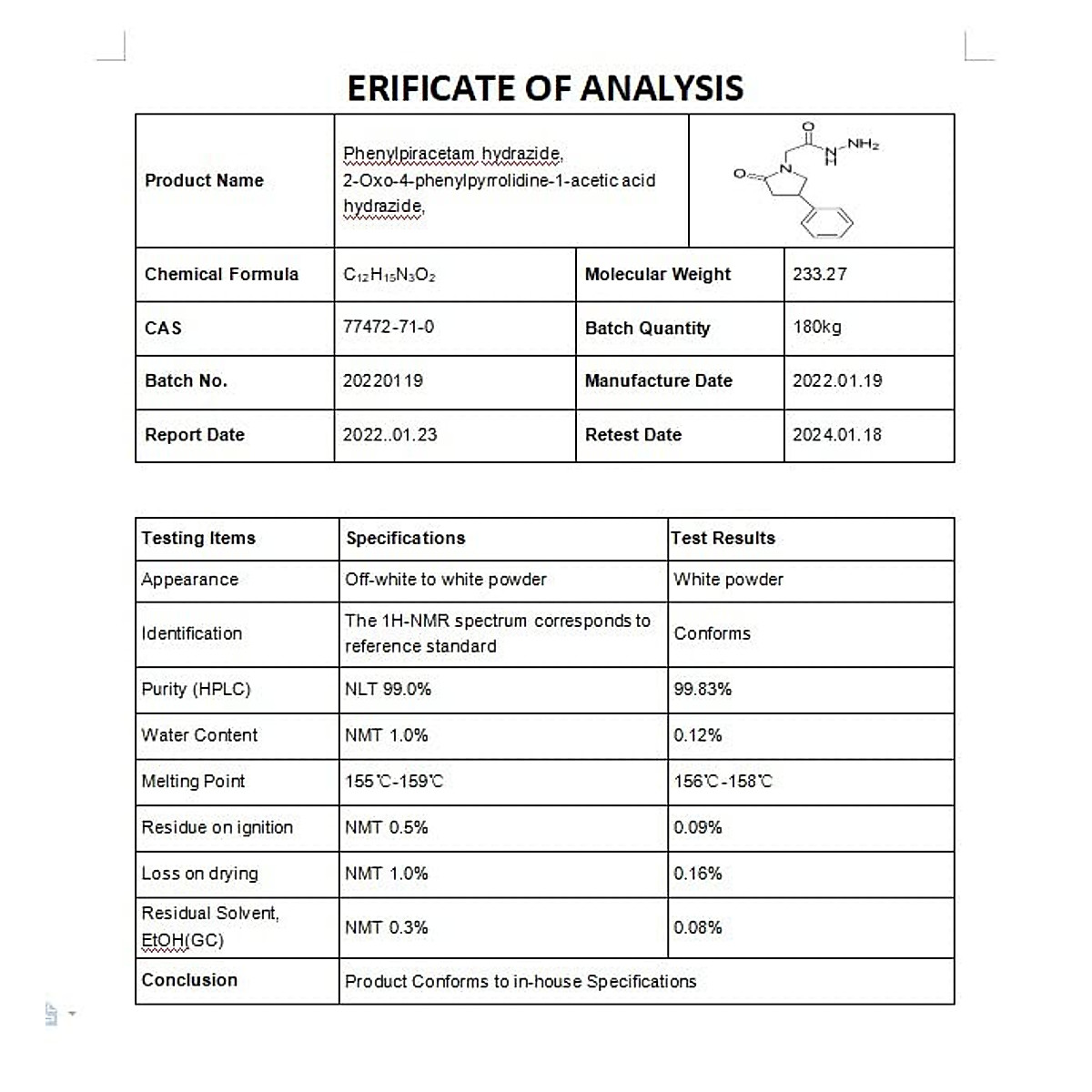 Phenylpiracetam Hydra (zide) 2gr Powder w/Free 10-30mg Scoop >99% Pure COA in Listing