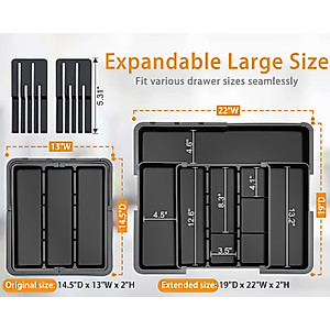 Homecor Utensil Drawer Organizer, Large Expandable Silverware Organizer for Kitchen Drawer, Cooking Utensils Tray Cutlery Flatware Holder with Removable Knife Blocks, Kitchen Gadgets Storage, Black