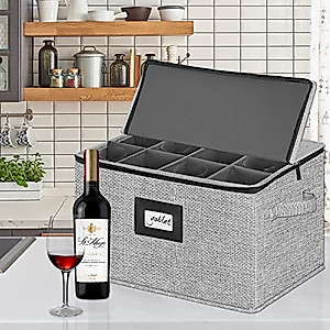 homyfort Wine Glass Storage Boxes with Dividers,China Storage Containers Stemware Chest Boxes Holds 12 Wine Glass or Crystal Glassware with Label Window and Handles,Hard Shell and Stackable (Grey)