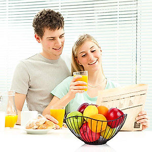 Fruit Bowl for Kitchen Counter, Modern Metal Wire Vegetable Basket for Bread and Snacks, Decorative Fruits and Veggie Storage Holder for Countertop, Table, Centerpiece (Black)