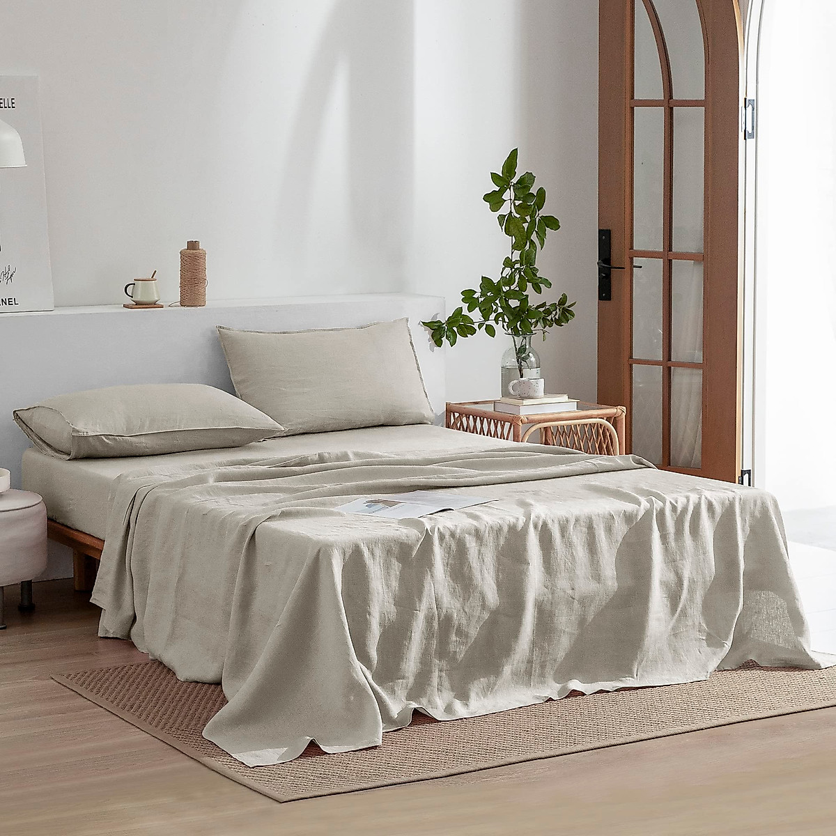 EVERLY Hemp Queen Size Sheets Set, Natural Premium Hemp Sheets, Deep Pocket 4 Piece Bed Sheet Set, Easy-Fit Breathable Cooling Sheets, Wrinkle Fade Resistant Sheet Sets-Beige