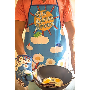 Rise And Shine Bitches Funny Breakfast Bacon And Eggs Graphic Kitchen Accessories Funny Graphic Kitchenwear Funny Food Novelty Cookware Blue Oven Mitt