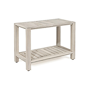 TeakCraft Gray Teak Shower Bench with Shelf 24 Inch for Bathroom, Spa - Fully Assembled, Shower Stool, Rustic Gray Finish, The Luni