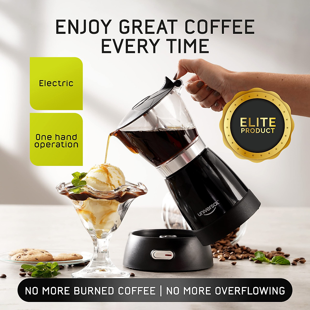 universal Electric Espresso/Moka Maker 6 cups, Moka Pot Electric, Espresso Machine, Prepare Italian Style Coffee Latte, Macchiato & Mocaccino, Cord-free Serving