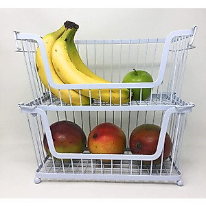 Stacking Metal Baskets, Set of 2, for Pantry, Closet, Shelf Organization, by HomeSimple (White)