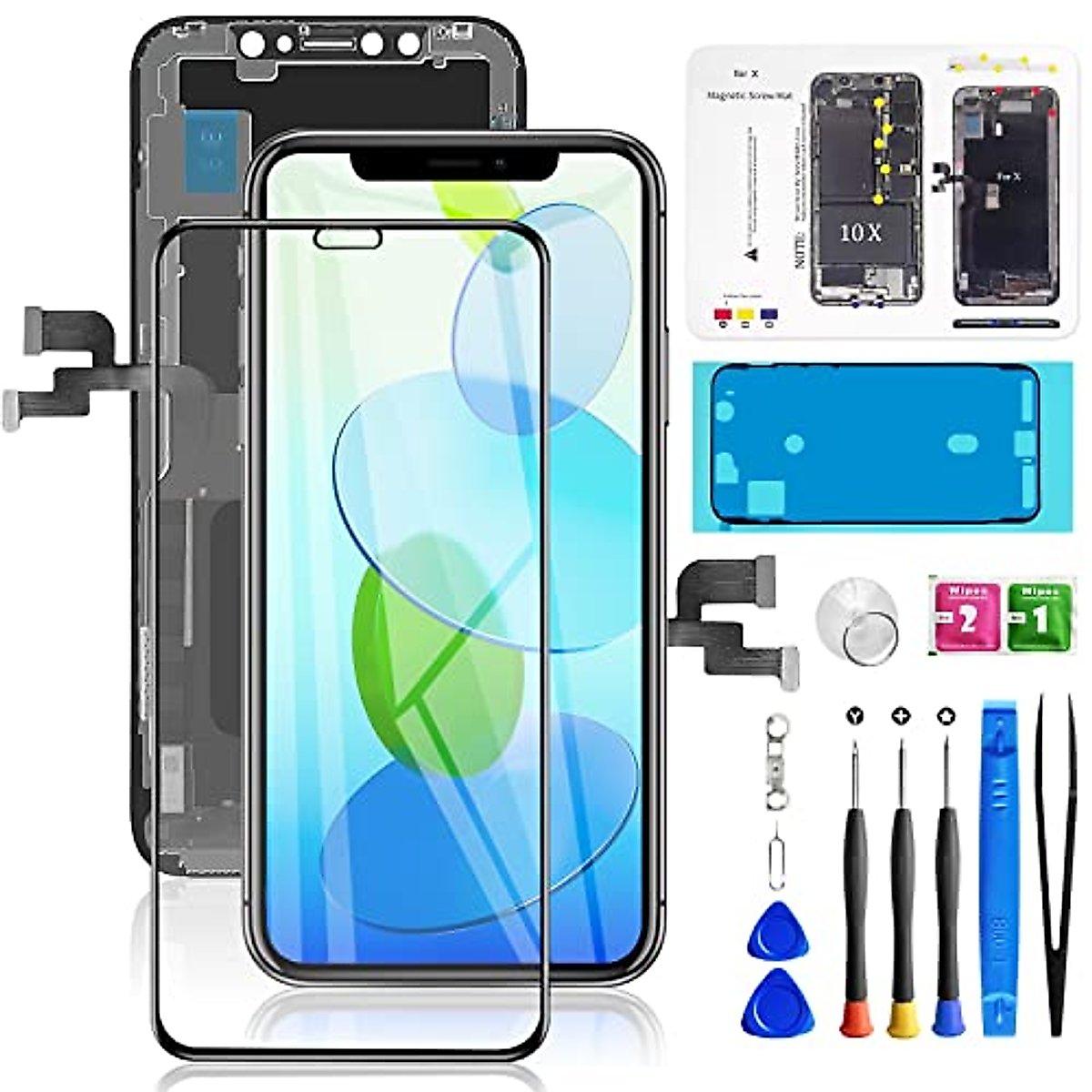 for iPhone X Screen Replacement 5.8 inch, Mobkitfp Front LCD Digitizer Display for iPhone 10/X with 3D Touch & Face ID for A1865,A1901,A1902 with Waterproof Adhesive+Tempered Glass+Repair Tools