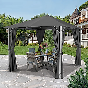 Raysfung 10' x 10' Gazebo Aluminum Frame Outdoor Gazebo with Curtain Canopy Shelter with Sidewalls, Vented Roof for Garden, Patio, Backyard (Grey)