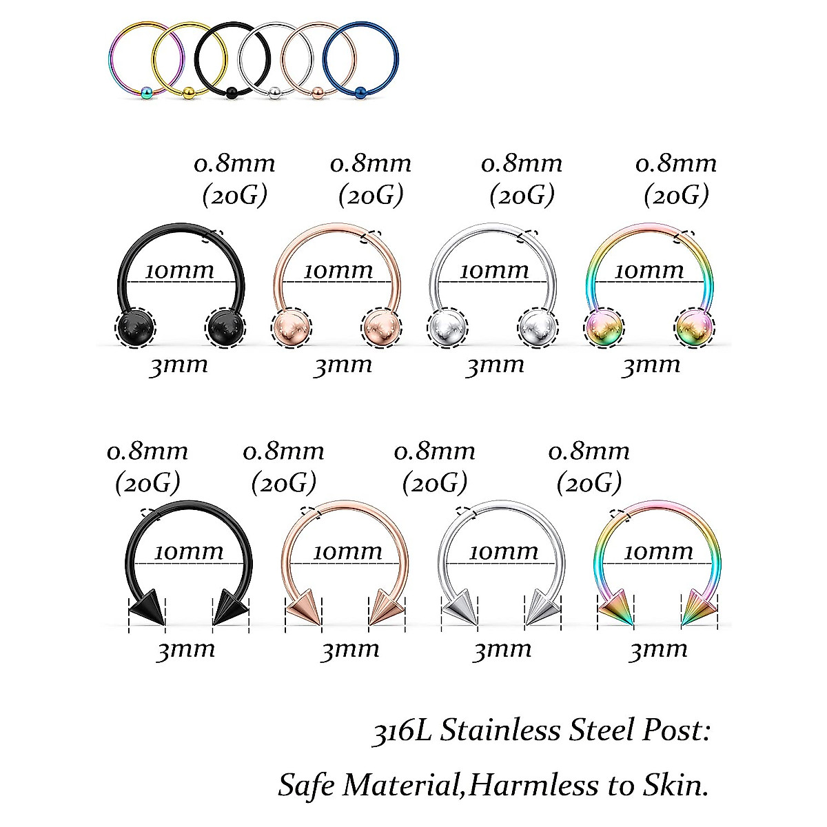 Vsnnsns 20G Surgical Steel Horseshoe Captive Bead Nose Hoop Rings Septum Piercing Jewelry Cartilage Helix Tragus Rook Earring Hoop Lip Eyebrow Ring Piercing Jewelry for Women Men 10mm 36pcs