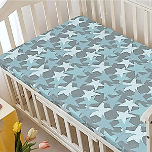 Star Themed Fitted Mini Crib Sheets,Portable Mini Crib Sheets Soft & Stretchy Fitted Crib Sheet-Crib Mattress Sheet or Toddler Bed Sheet,24“ x38“,Seafoam and Baby Blue