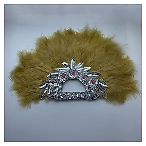 GEM DRILL Big Size Design African Orange Feather Fan Ladies Wedding Feather Fan for Bride Double Side Feather Nigerian Flower Handfan (Color : Gold, Fan Size : 32cmx55cm)