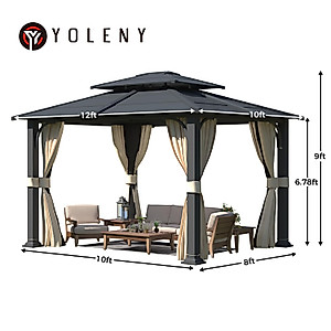 YOLENY 10'x12' Gazebo with Galvanized Steel Roof, Hardtop Double Roof with Anti-Rust Coating, Outdoor Gazebos with Curtains and Netting, Sunshade for Gardens, Lawns, Deck