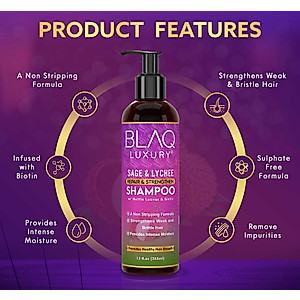 Blaq Luxury Sage & Lychee Repair and Strengthen Shampoo - Infused with Biotin and Nettle - Sulfate-Free Formula for All Hair Types - Promotes Hair Repair, Growth, and Scalp Health - 12 fl oz