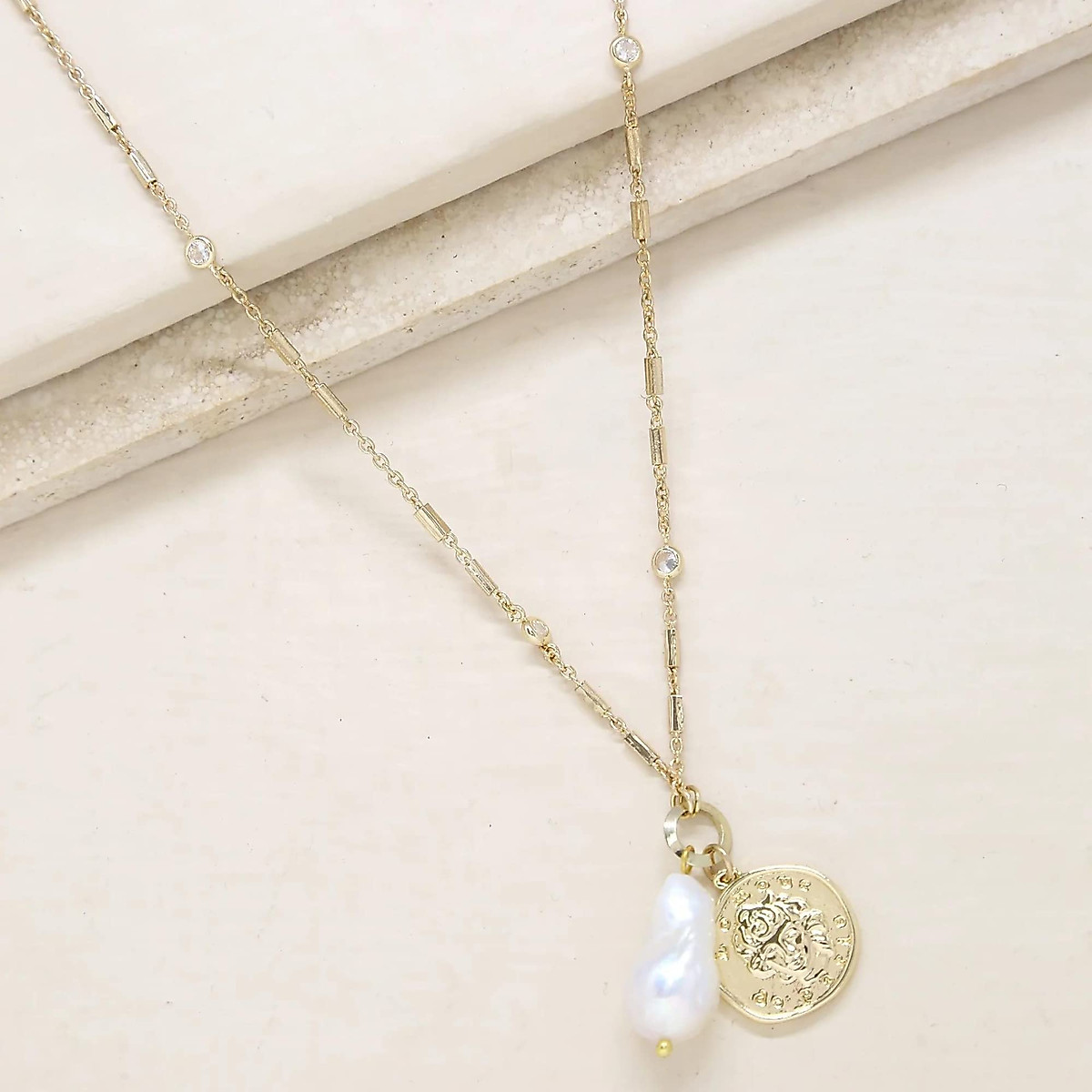 Ettika Pearl Necklaces For Women, Gold Necklace. Pendant Necklace for Women. Trusty Trinkets Pearl and Coin 18k Gold Plated Necklace