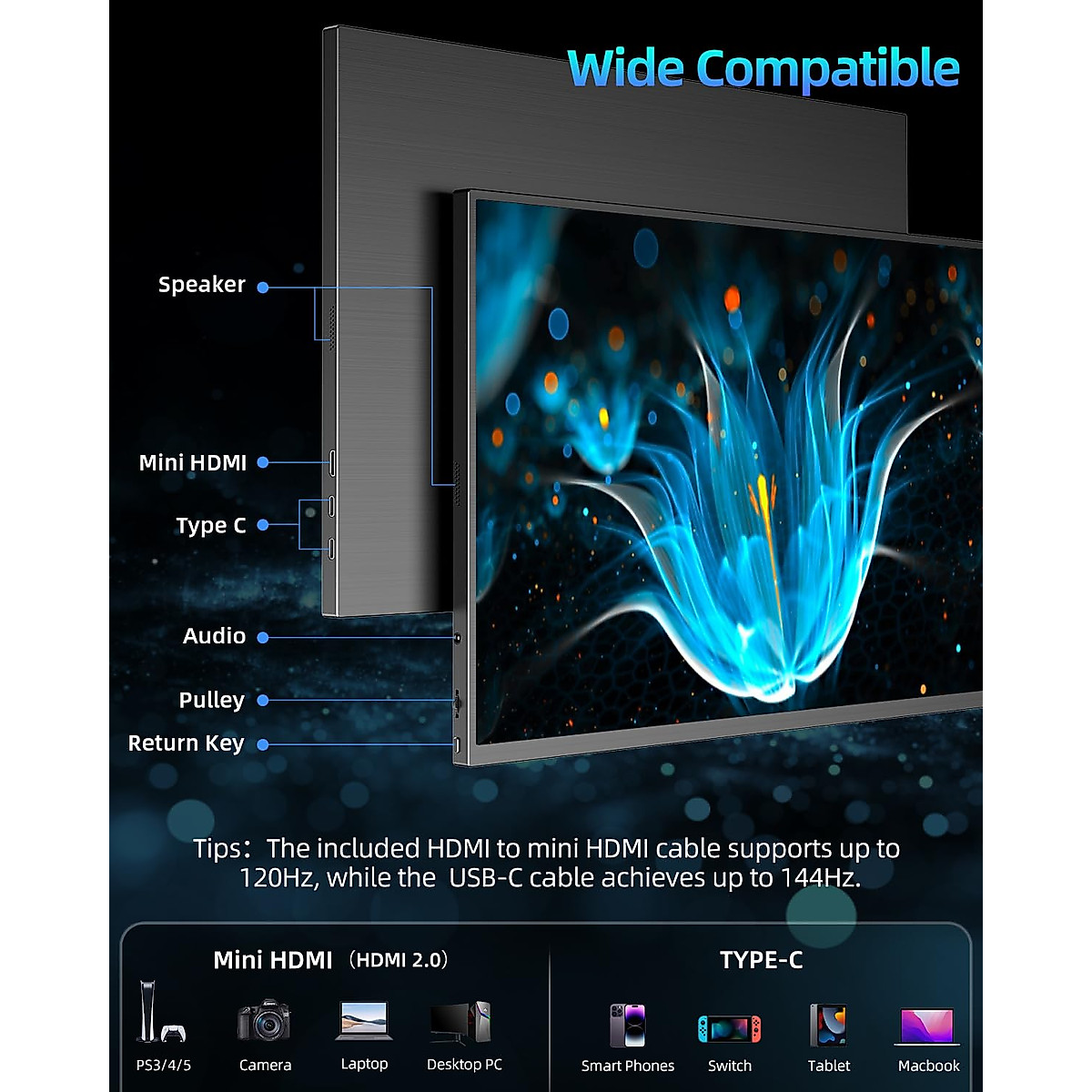 UPERFECT 2K 144Hz Portable Gaming Monitor 18" 2560x1600 QHD 100% DCI-P3 FreeSync HDR Laptop w/VESA, Frameless Matte IPS Eye Care Second Monitor for Game Console (UGame K118)