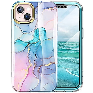 Turquiase Compatible for iPhone 14 Plus Case 6.7 inch (2022 Release), Slim Full-Body Stylish Shockproof Protective Rugged TPU Case with Built-in Screen Protector（Marble）