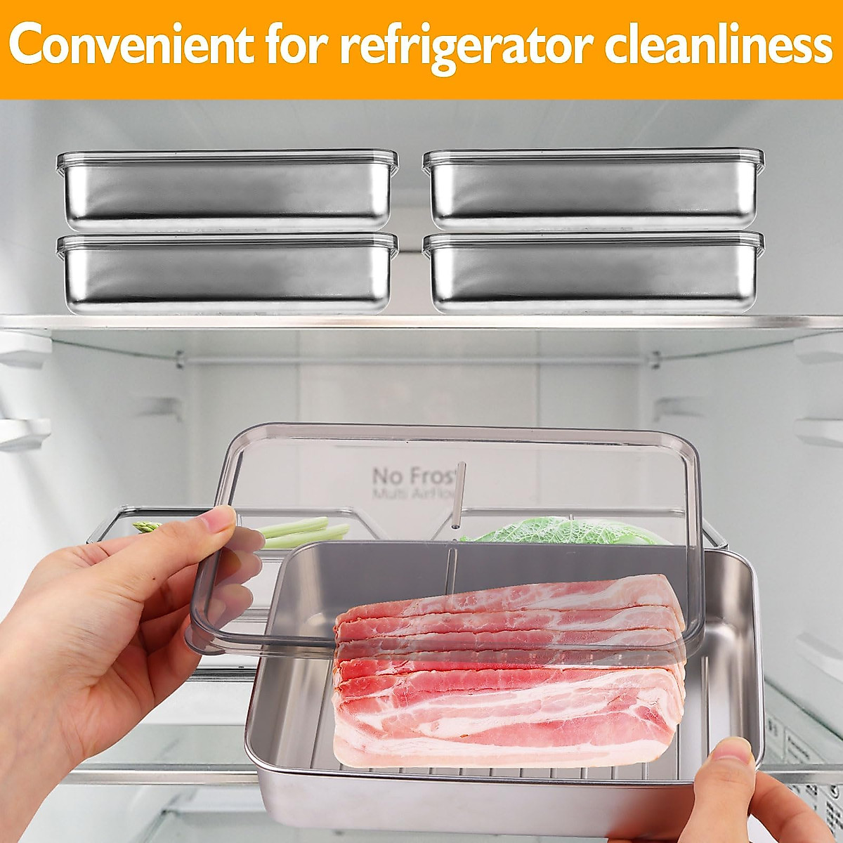 craftshou 2 Pcs Stainless Steel Bacon Container for Refrigerator 1L Deli Meat Saver Keeper Container with Airtight Lids Cold Cuts Food Storage Container for Fridge Kitchen Freezer,Cookie Holder