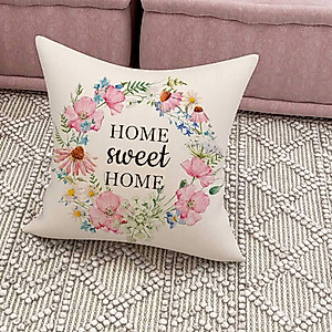FIBEROMANCE Spring Pillow Cover 18x18 Flower Pillow Home Sweet Home Spring Floral Garden Wreath Farmhouse Décor Throw Pillow Covers Pillow Case for Sofa Couch Home Decoration