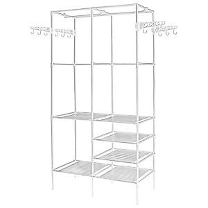 Sasoiky Garment Rack,Shoe Clothing Organizer Shelves,Freestanding Multifunctional Clothes Wardrobe- Closet with Hooks (White)