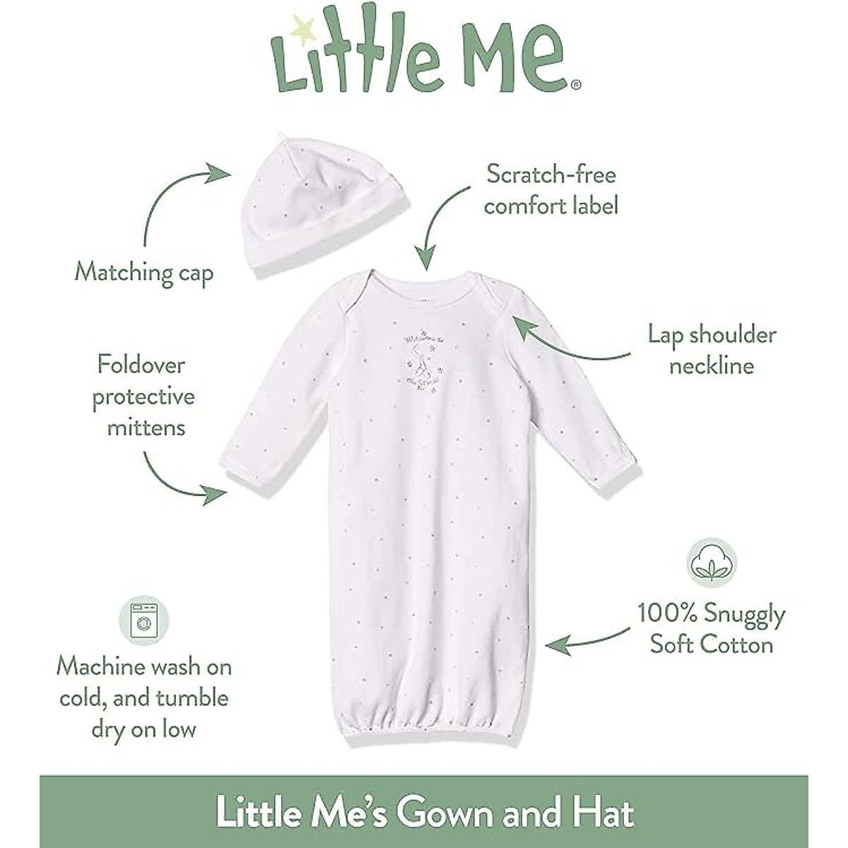 Little Me Baby Girl's 2-Piece Nightgown and Cap Set, White Print/Bunny, 0-3 Months