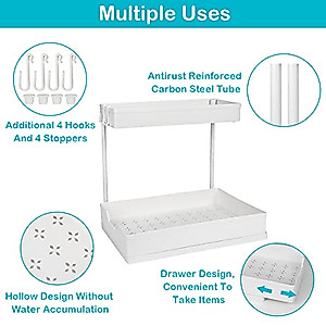 MILILOVE Under Sink Storage Organizers, Bathroom Countertop Organizer, 2-Tier Sliding Kitchen Cabinet Organization, with Hooks, Multi-purpose Shelf Organizer, For Kitchen Bathroom Bedroom Office