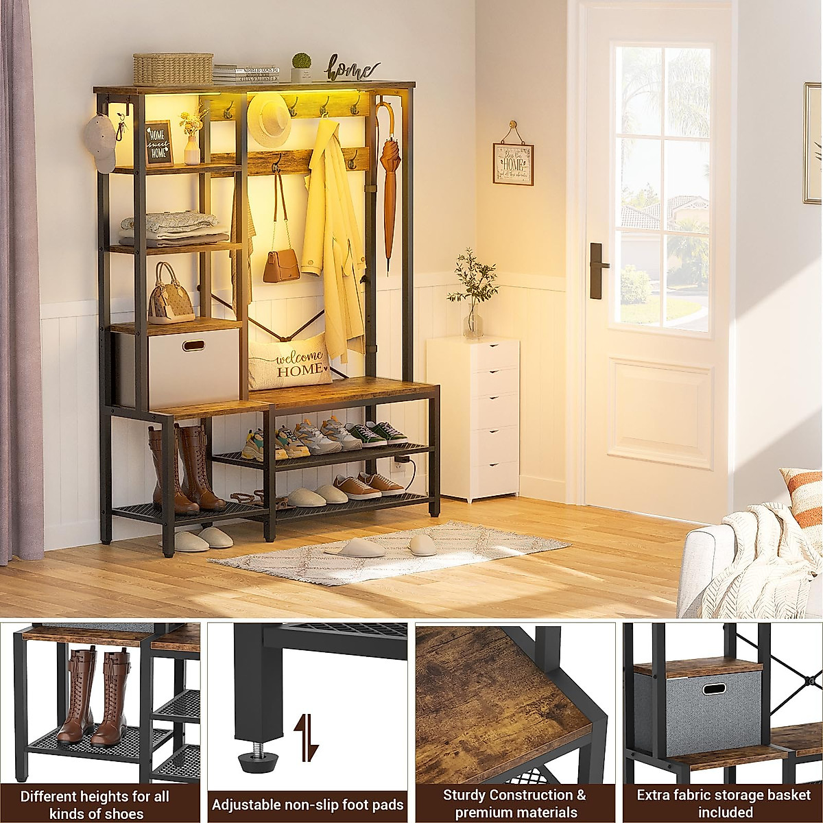 Aheaplus Hall Tree with Storage Bench, Coat Rack with LED Lights, 5-Tier Shelves, Fabric Storage Basket, Side Hooks, 71’’ Industrial 5 in 1 Large Organizer, Sturdy Metal Frame, Rustic Brown