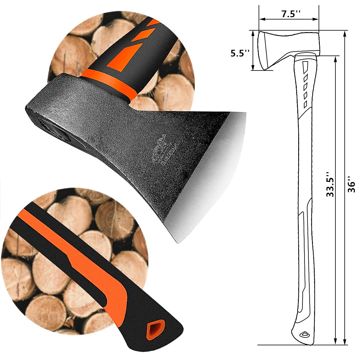 Chopping Axe, Hand Axe, Camp Hatchet for Splitting Kindling and Chopping Branches, Wood Chopping Axe 5.5 lb with 36-in Fiberglass Handle