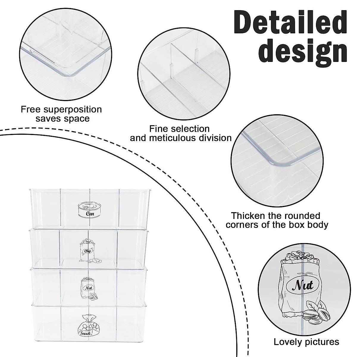 4 Snack Organizer,Pantry Organization and Storage Bins,Kitchen Fridge Cabinet Organizers,Refrigerator Soda Can Organizadores de Cocina,Home Food Plastic Containers,Clear Container,Acrylic Organizing