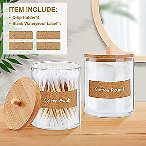 TCJJ 4 Pack Acrylic Qtip Holder Dispenser Bathroom Jars with Bamboo Lids, Cotton Ball Pad Round Swab Holder for Bathroom Accessories Storage Organizer