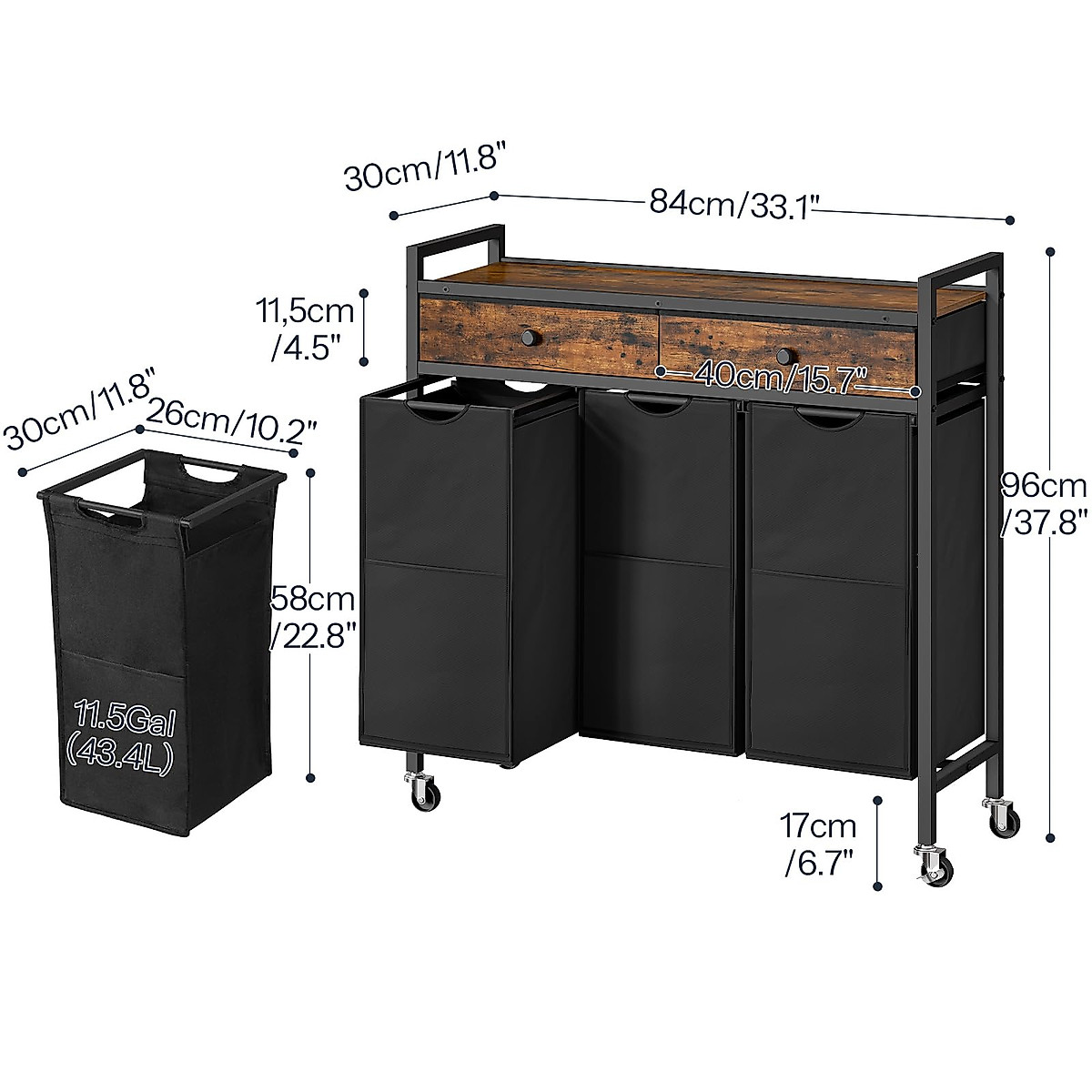 HOOBRO Laundry Sorter 3 Section, Laundry Hamper with 2 Non-Woven Drawers, Pull-Out Removable Oxford Fabric Laundry Bags, Laundry Basket, Laundry Room, Rustic Brown and Black BF78XY01