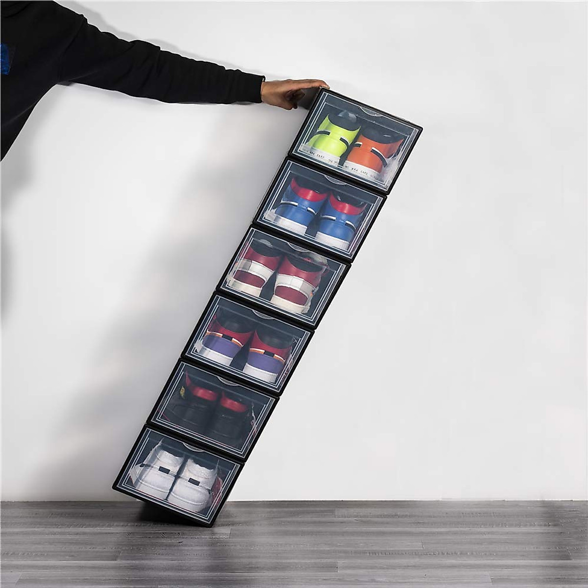 S-JIANG Shoe Boxes Clear Plastic Stackable, Drop Front Shoe Display Box Large Storage Containers Shoe Box Organizer for Sneaker Men Women (Black, 4 PACK)