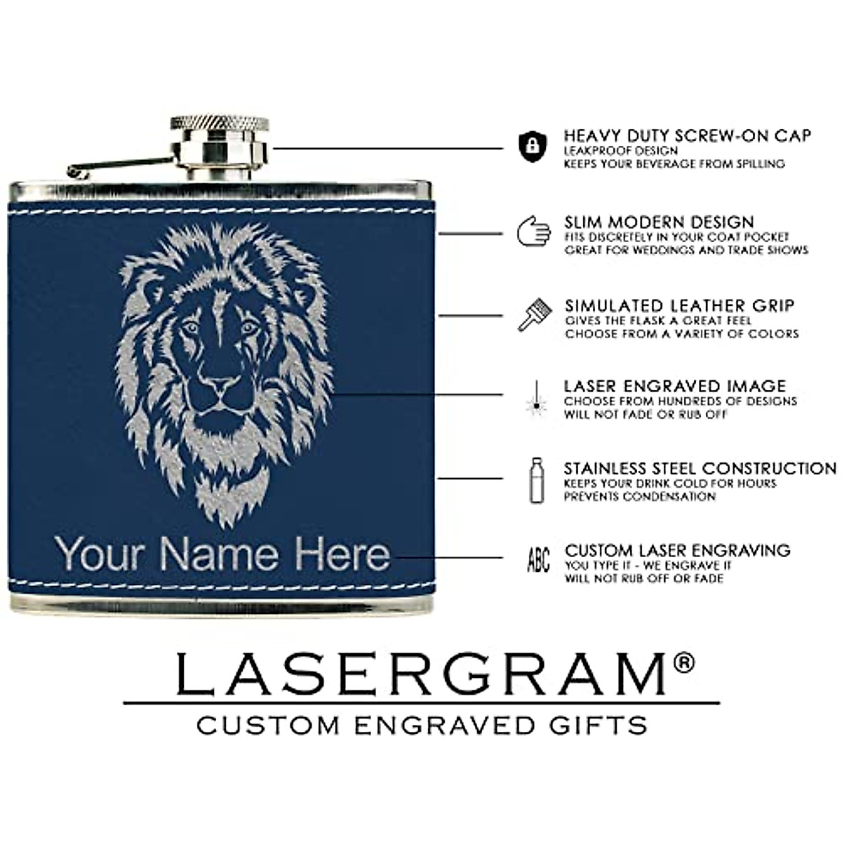 Faux Leather Flask, Motorcycle, Personalized Engraving Included (Dark Blue)