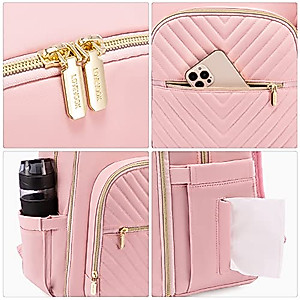 LOVEVOOK Diaper Bag Backpack, Quilted Baby Bag with Changing Pad & Pacifier Holder, Waterproof Travel Diaper Bags with USB Charging Port for Baby Boys Girls, Stylish and Large Capacity,Pink