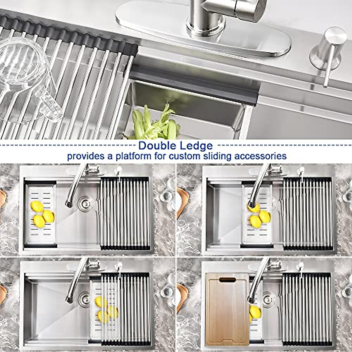 33 Inch Drop In Kitchen Sink Workstation-Hovheir 33x22 Stainless Steel Topmount Double Ledges Workstation Sink 16 Gauge Deep Single Bowl Overmount